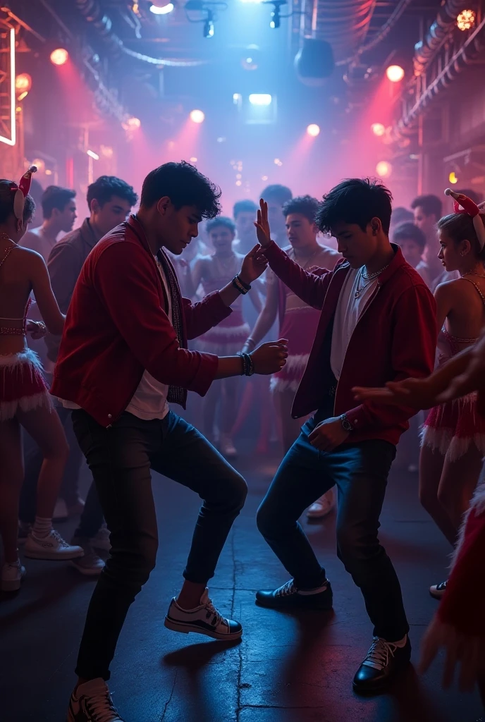 Group of Young men dancing in a night club With hot Christmas elves ...