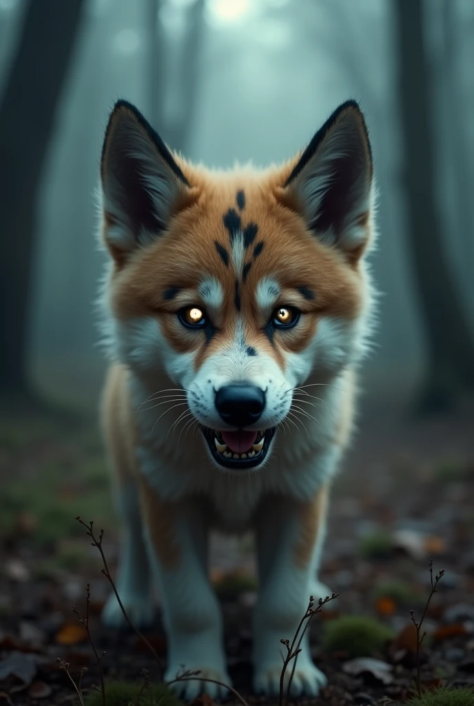 Tan and white with black spots sharp teeth glowing eye hybrid wolf ...