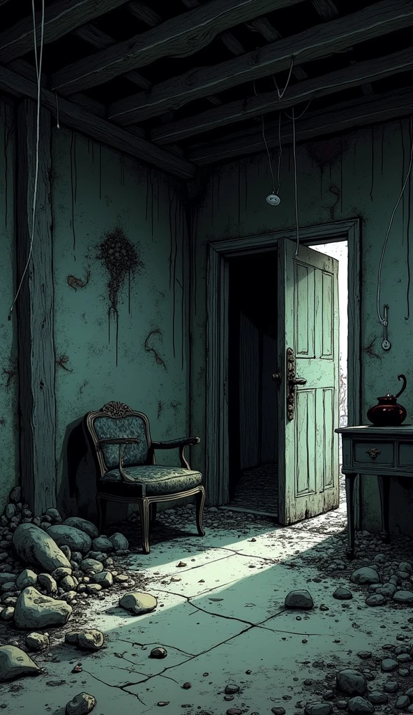 "Inside an eerie, dimly lit room, the air thick with the stench of ...