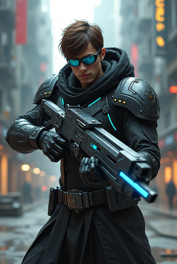 A young man wears high-tech armor over his brown hair, wears a hi ...