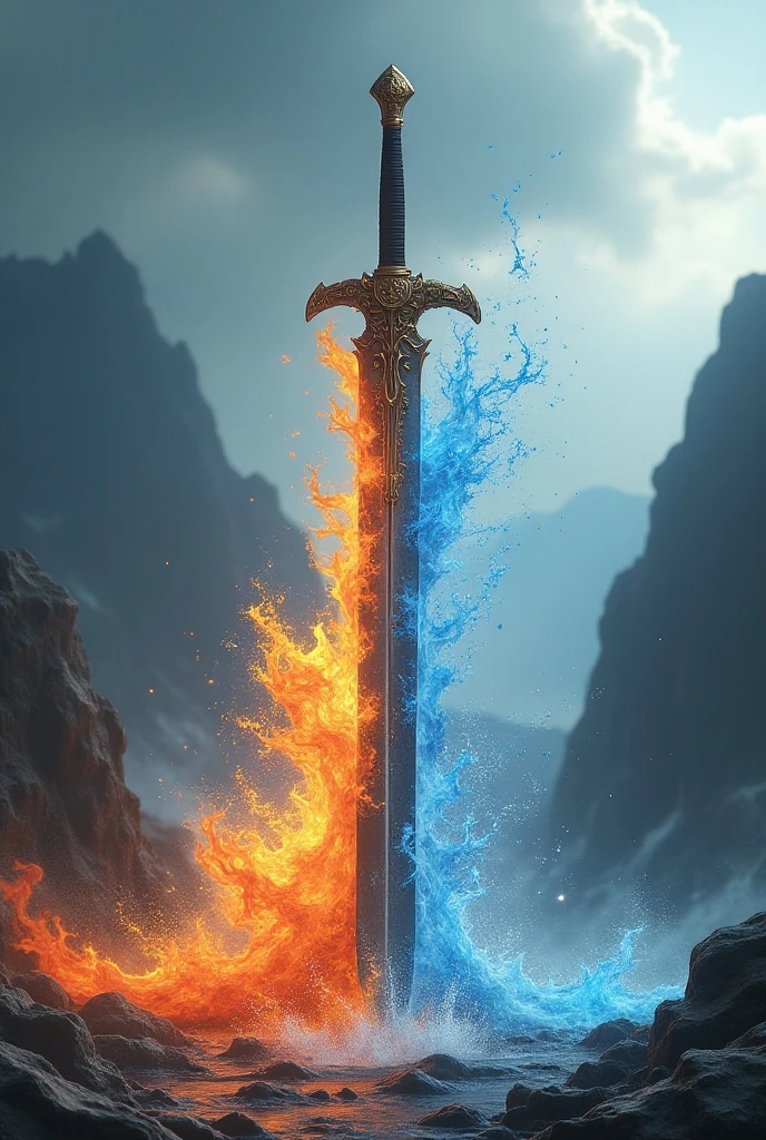 Sword with fire and water facing down - SeaArt AI