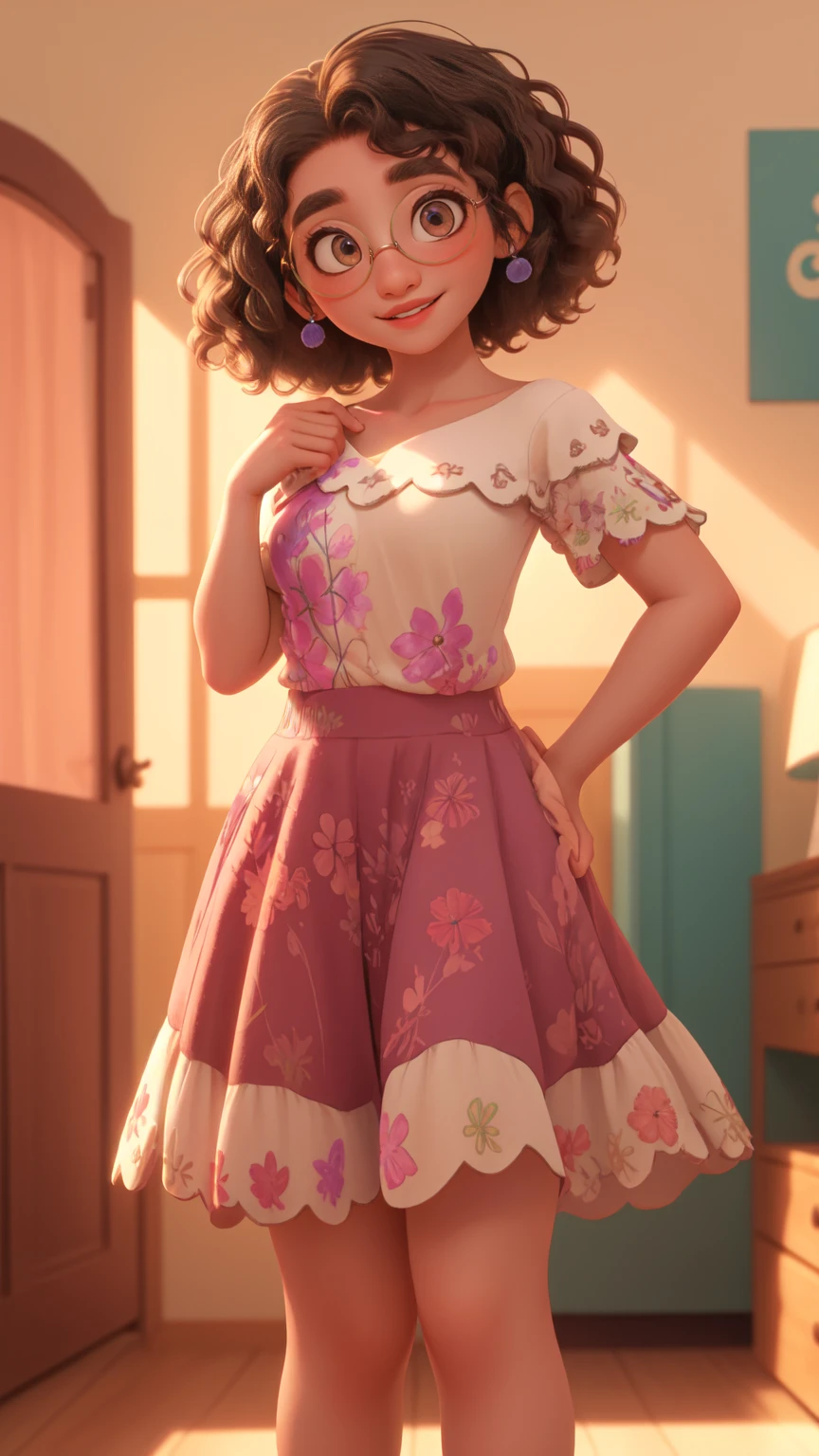 Mirabel madrigal, glasses, smile, curly hair, bedroom, small waist ...