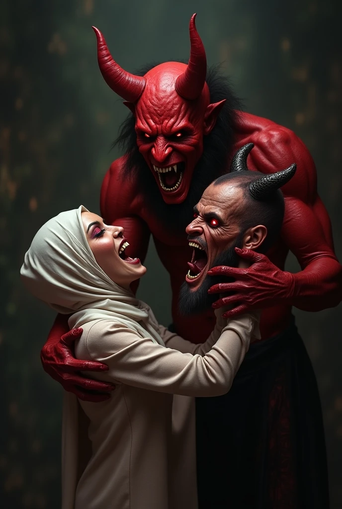 The red Devil Man ,holding the head of a naked woman a white hijab ...