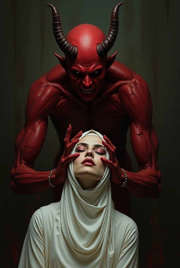 The red Devil Man ,holding the head of a beautiful woman of white hijab ...