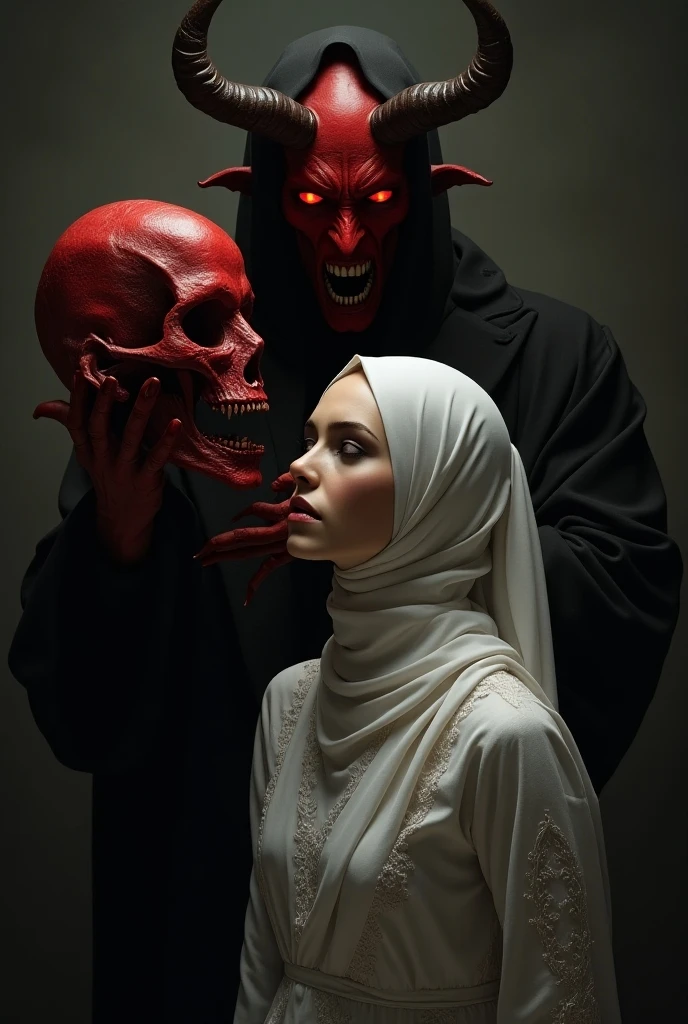 The red Devil Man ,holding the head of a beautiful woman of white hijab ...