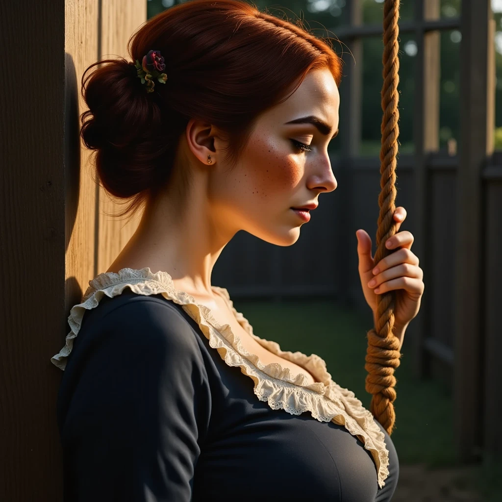 Photorealistic picture from the side, featuring a woman at the gllows ...