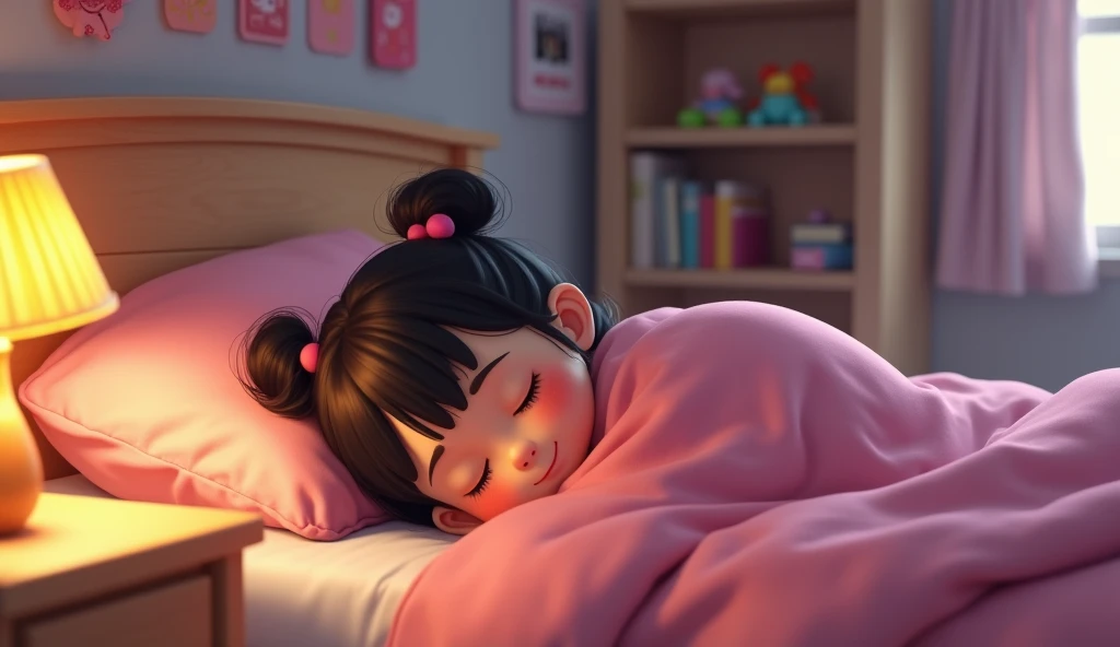 Asih, an girl with black hair tied in two pigtails, is shown in a ...