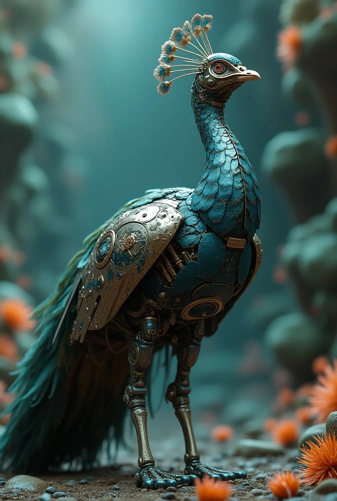 biomechanical Indian peacock 。 with machine feathers and the body of a ...