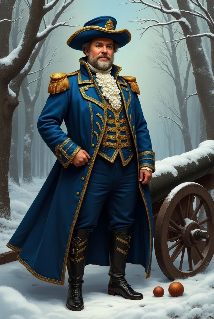 Baron Munchausen in a blue uniform with gold trim, sewn sleeves and ...