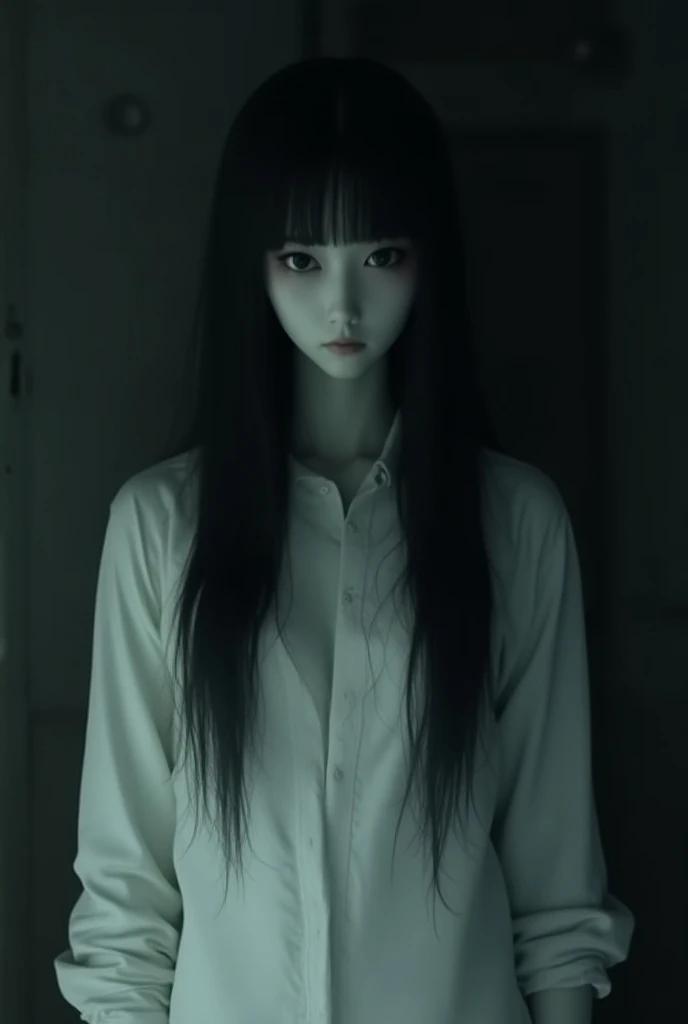 Image of sadako wearing white shirt on dark gothic background - SeaArt AI