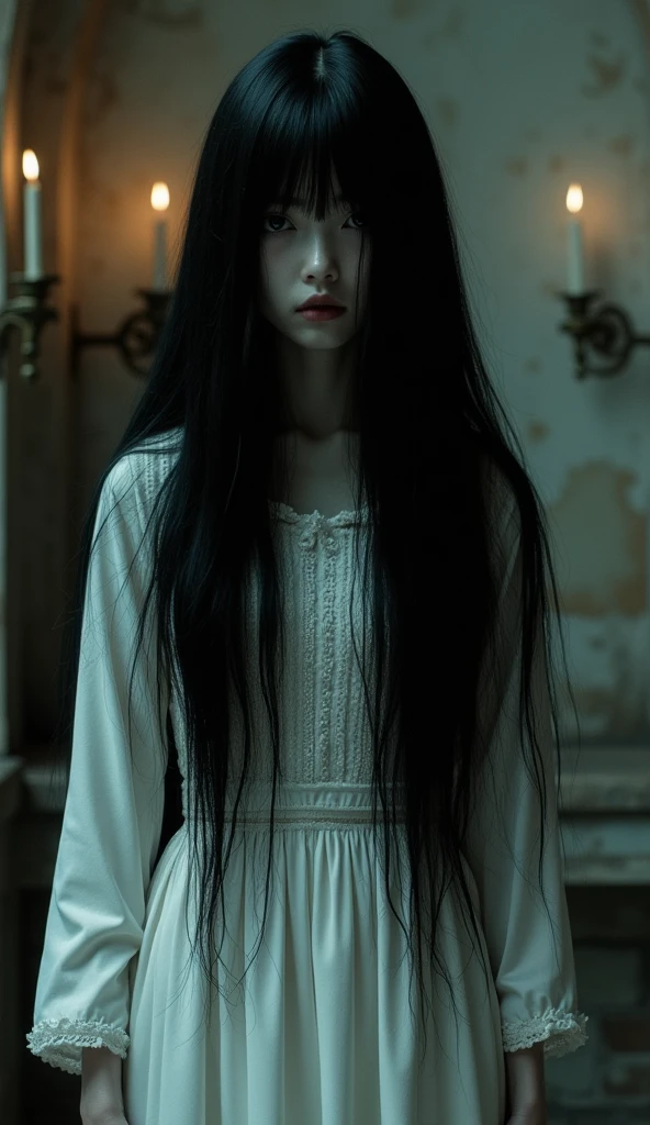 Sadako face covered in hair wears white color dress with gothic theme ...
