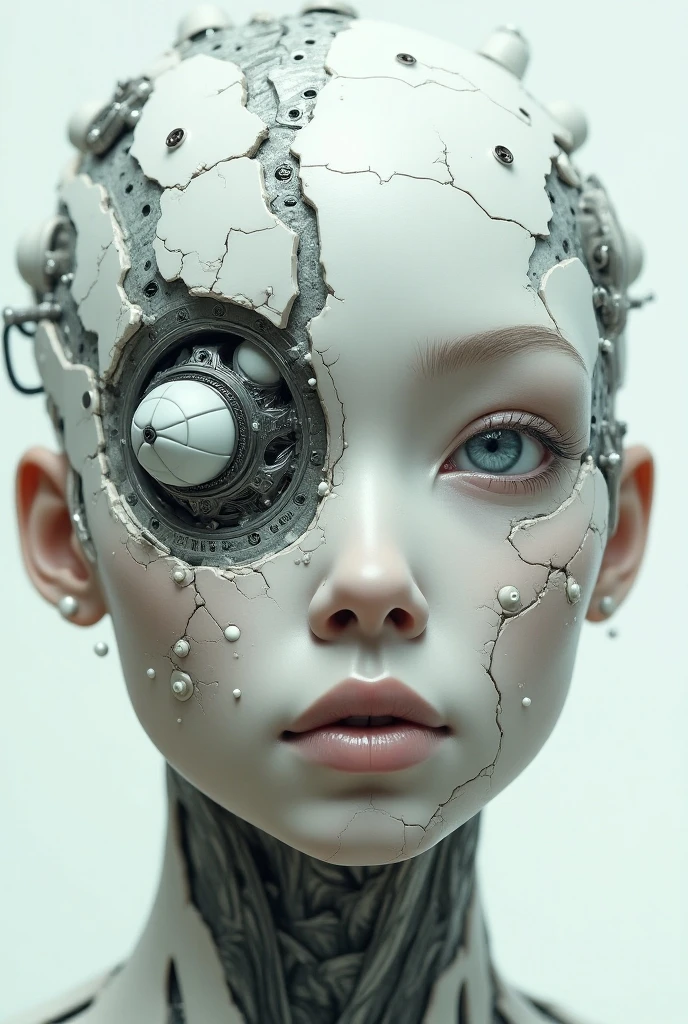 There is a white head with a broken face and many squares, cybernetic ...