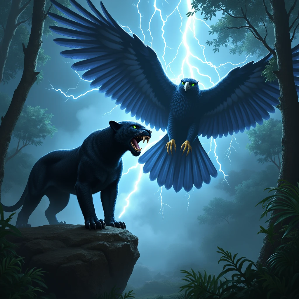 “A digital artwork of a fierce black jaguar with glowing green eyes ...