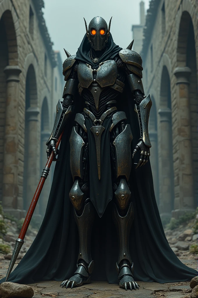 Medieval robot with javelin and black clothes - SeaArt AI
