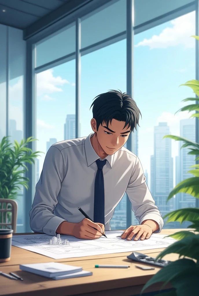 An anime guy who is an architect, drawing builds on a draft table ...