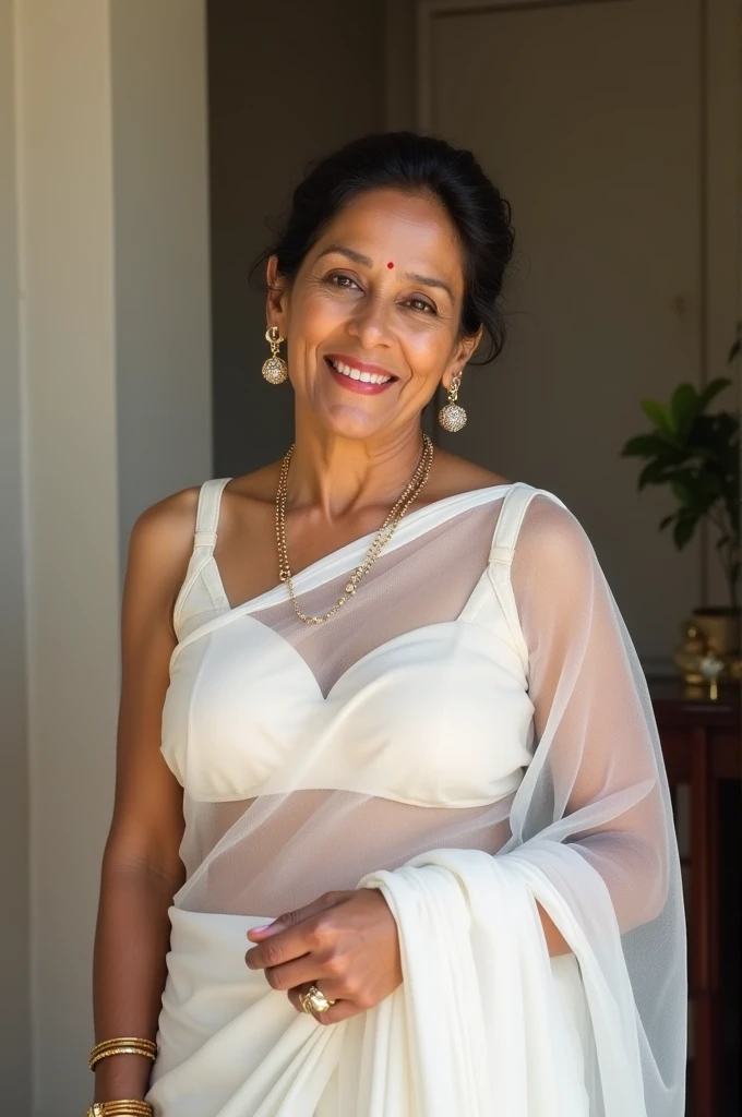 50 years old Indian aunty wearing a transparent white saree without ...