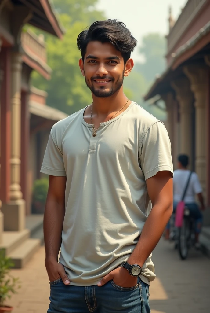 "A realistic portrait of a 22-year-old Bangladeshi man. 70 kg whight He ...