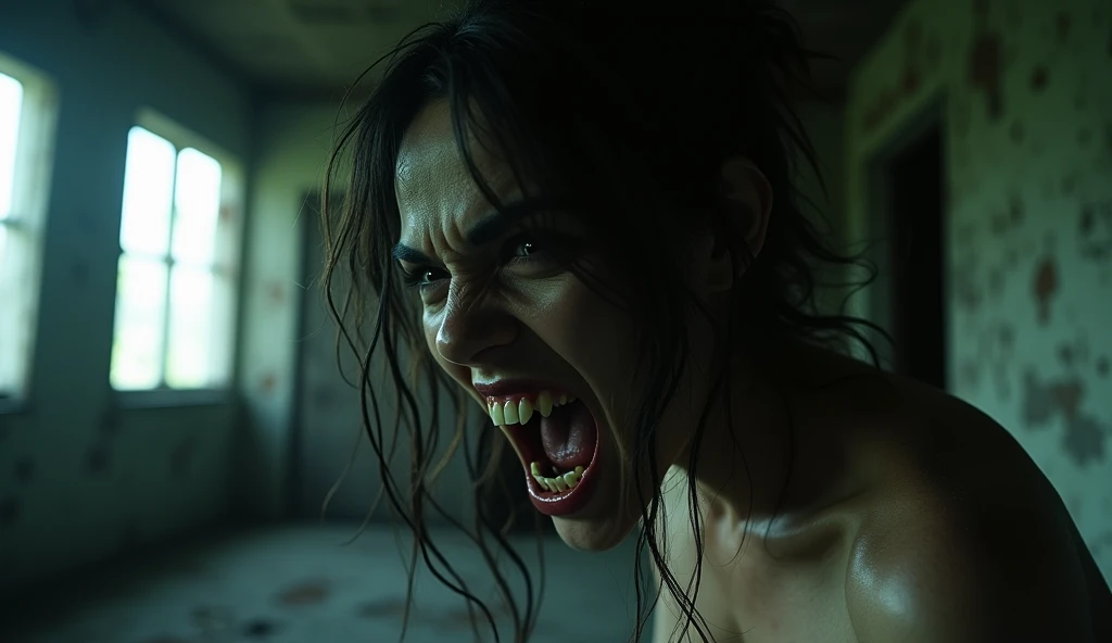 Create a haunting, cinematic close-up of a female vampire in a dark ...