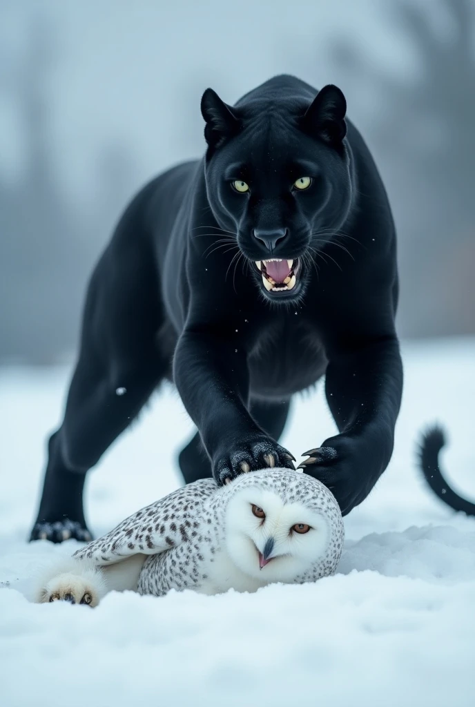 A black panther standing on the dead Snowy Owl who has it's eyes closed ...