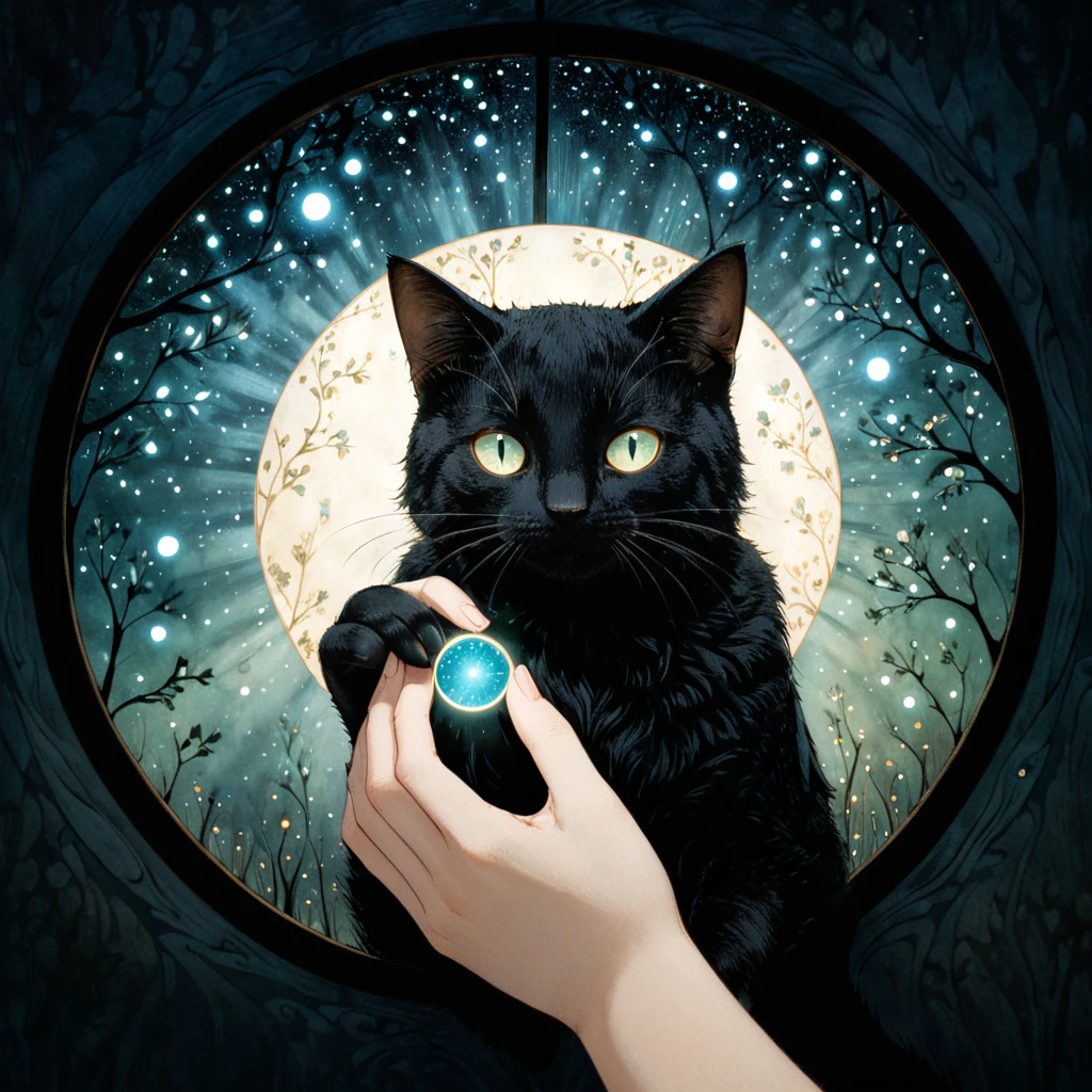 John Bauer style , holds chemiluminescence crystals, touching cats with ...