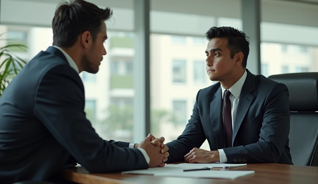Inside a sleek, modern corporate office, Ravi sits across a large desk ...
