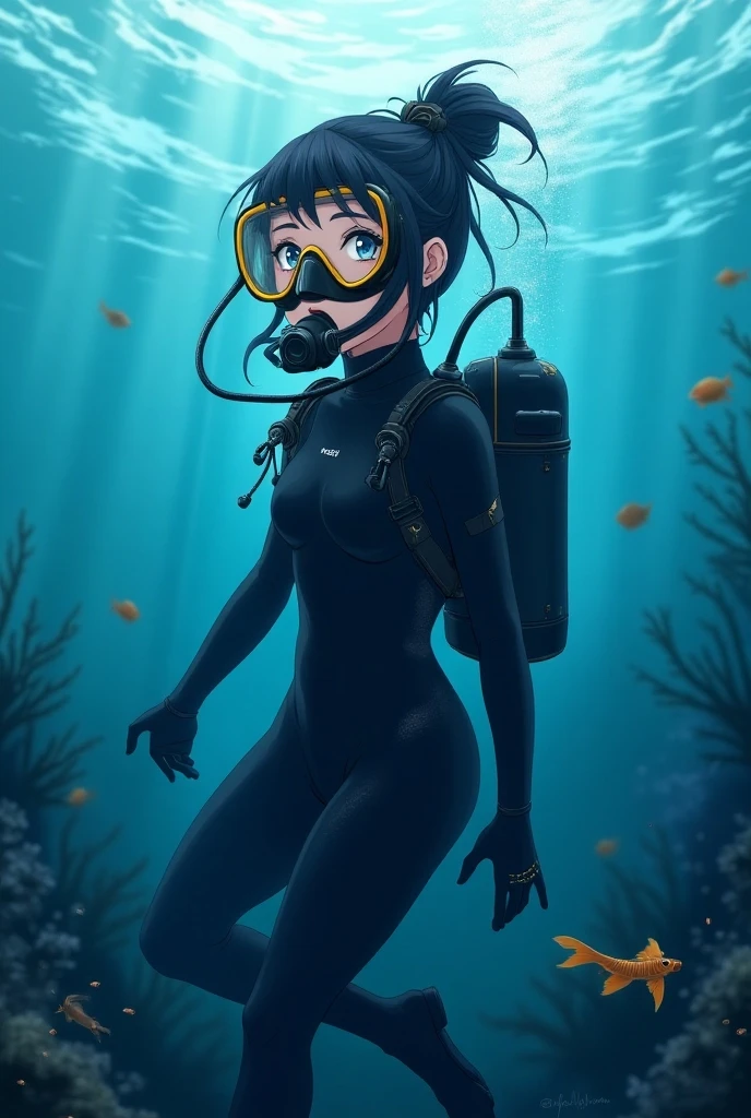 Anime girl wearing a black full-body scuba suit with helmet and mask ...