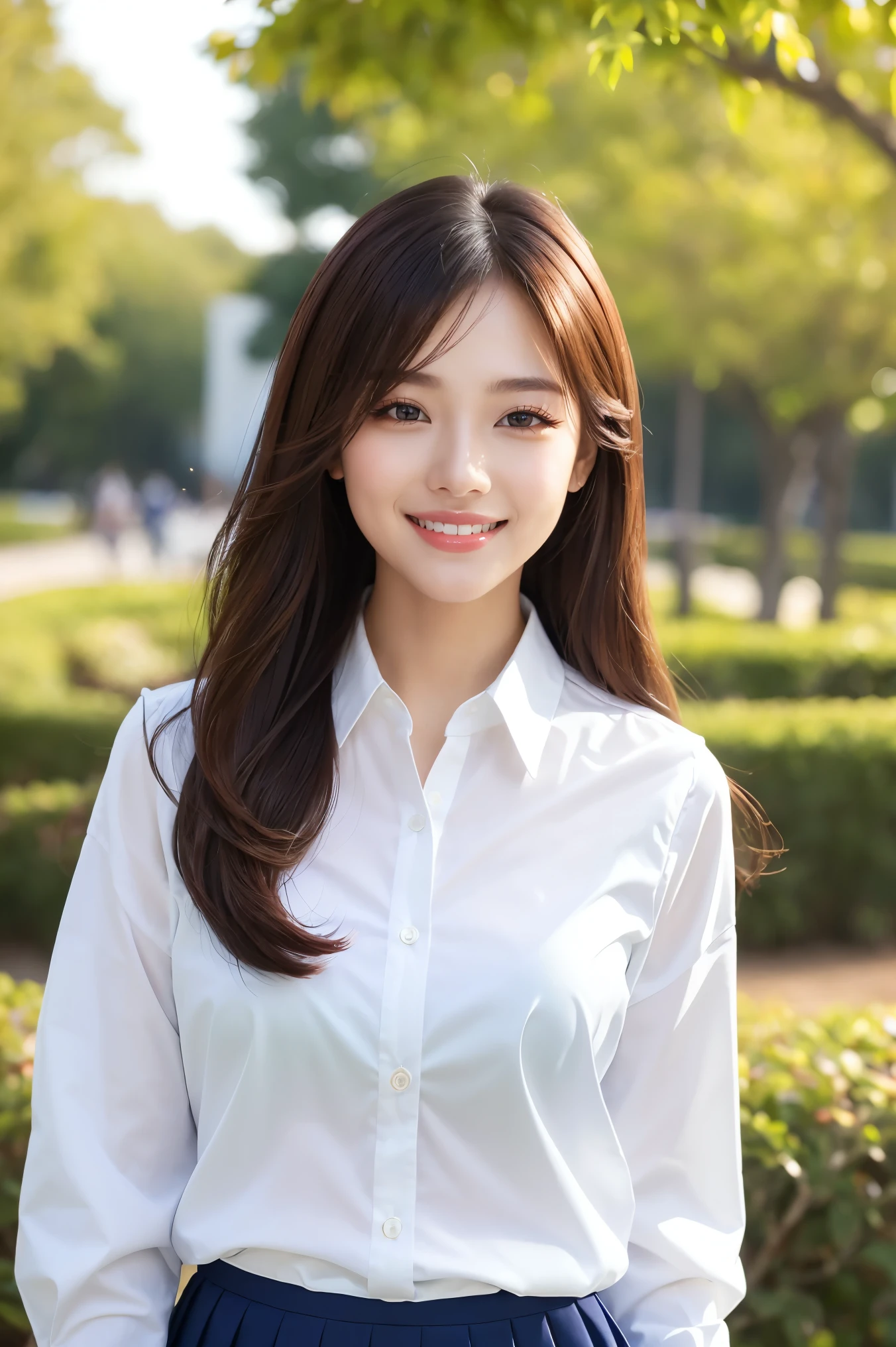 Arafed asian woman in a white shirt and blue skirt posing for a picture - SeaArt AI