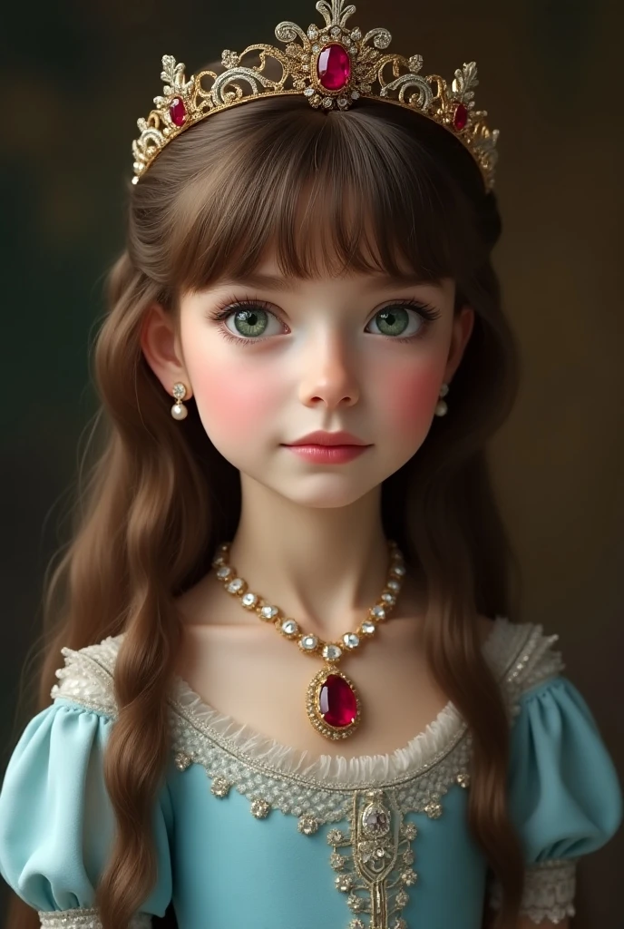 A beautiful twelve years old European noble girl princess, with green ...
