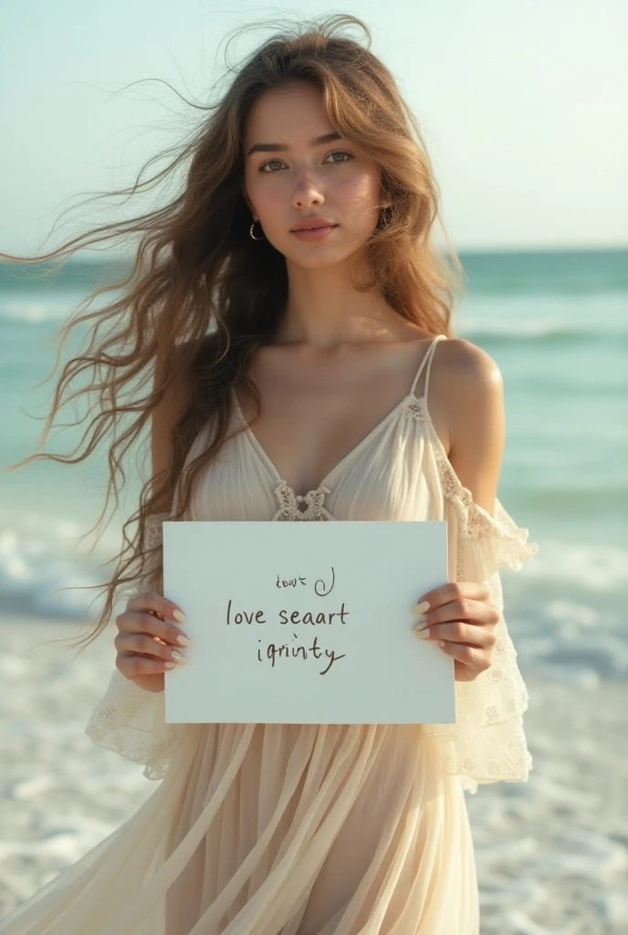 Beautiful girl with long wavy hair in a bohemian dress, holding a white board w - SeaArt AI