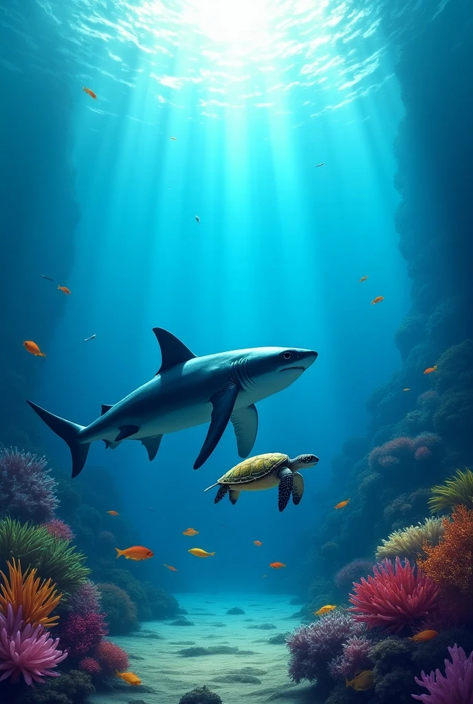 " A majestic shark and a graceful turtle swimming side by side in ...