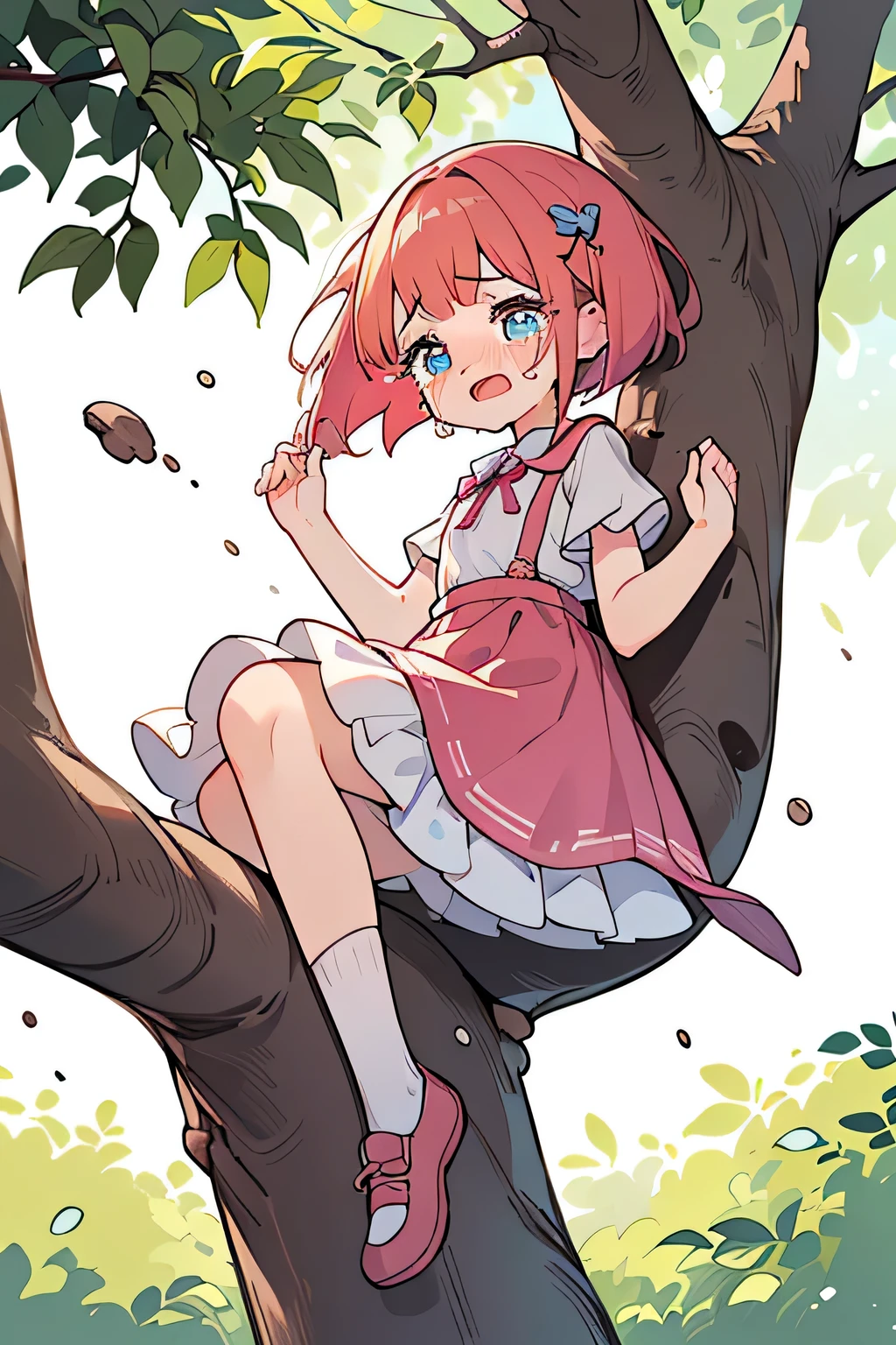 Anime girl sitting on a tree branch with leaves flying around - SeaArt AI