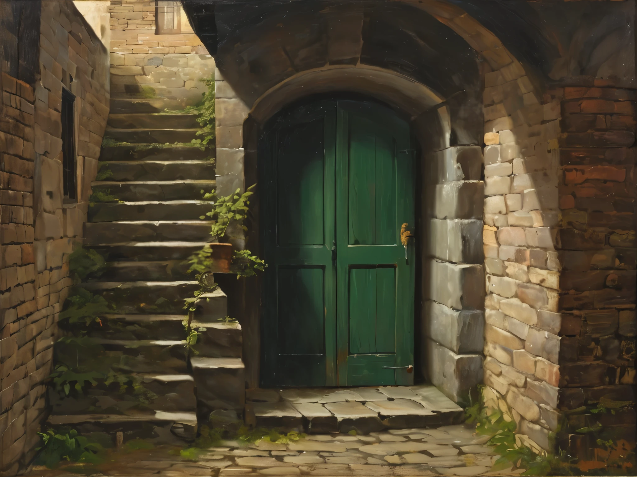 Painting of a green door and steps leading to a brick building - SeaArt AI