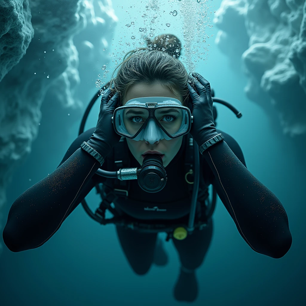 Sexy scuba diver girl wearing scuba gear trapped under the ice in ...