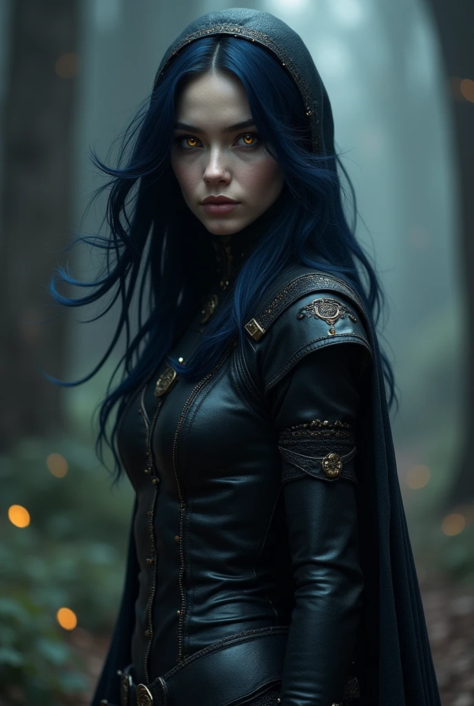 Beautiful Drow rogue with long navy hair and golden eyes - SeaArt AI