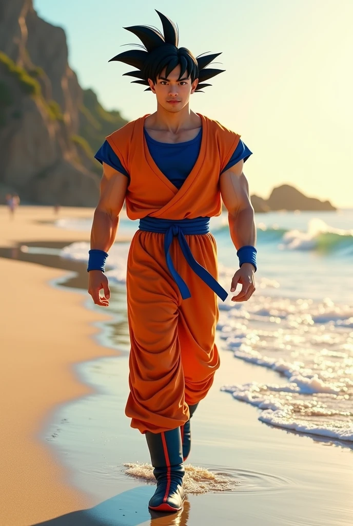 Handsome asian guy , walking on the beach wearing a goku costume ...