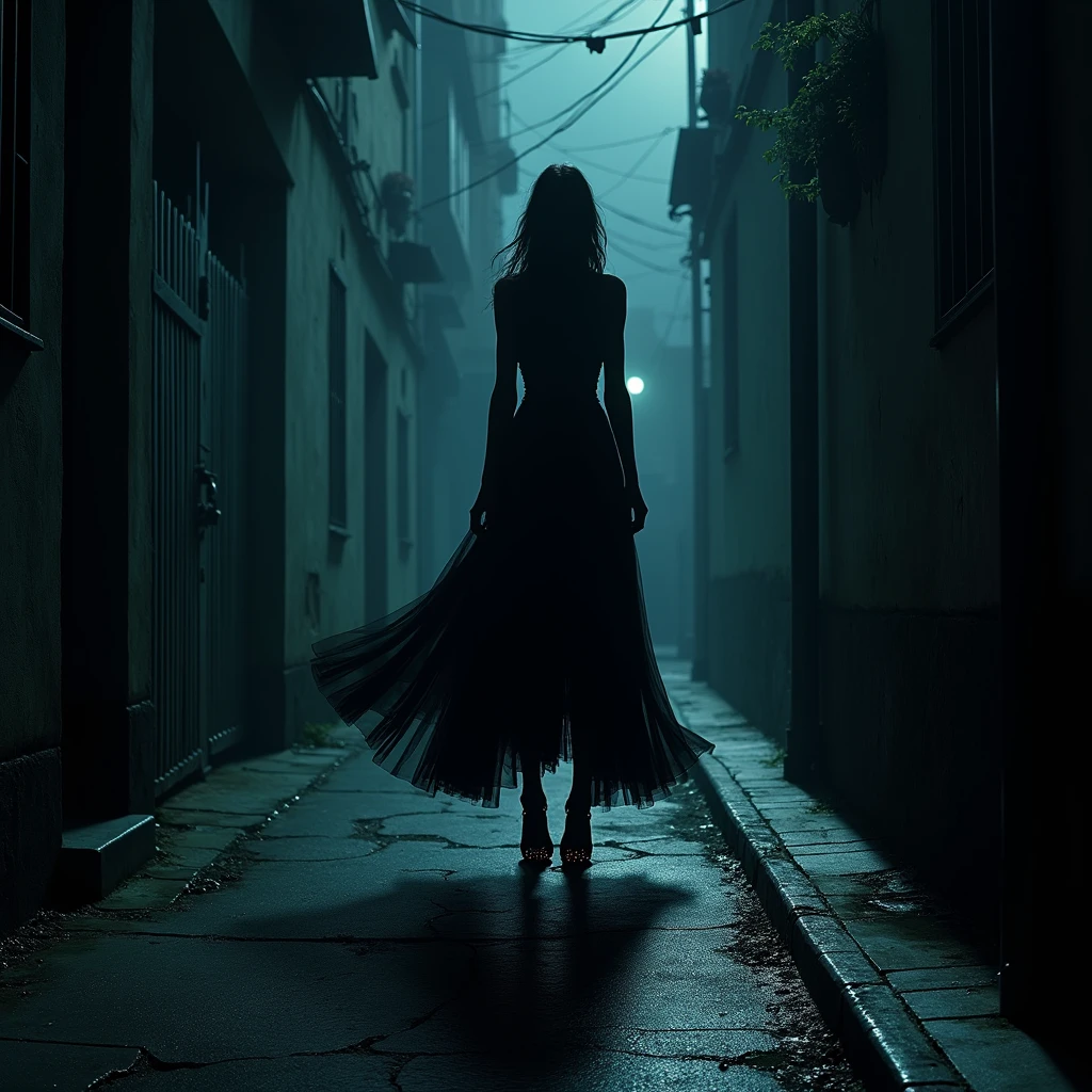 In one poster, an alley at night is shown, there is a completely dark ...
