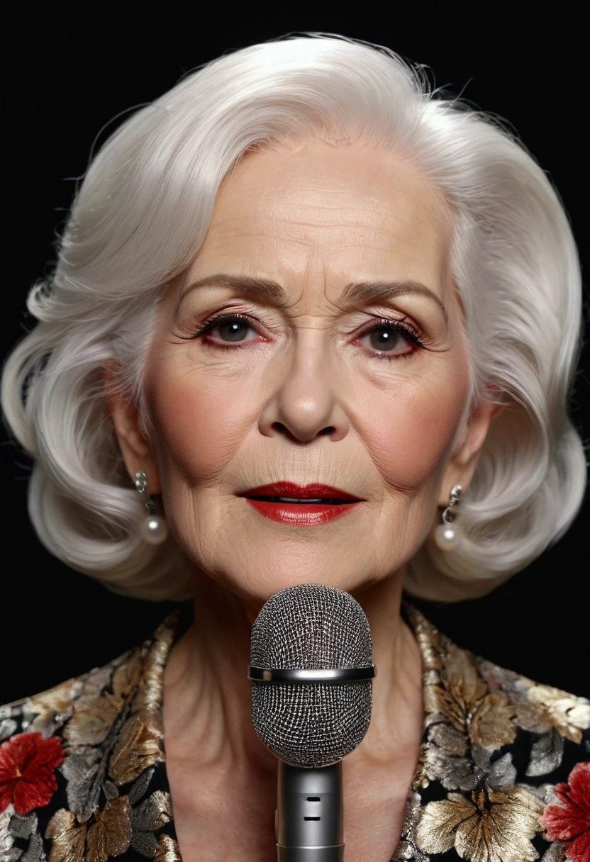 Realistic, 73-year-old jazz singer, stylishly reversed white hair ...