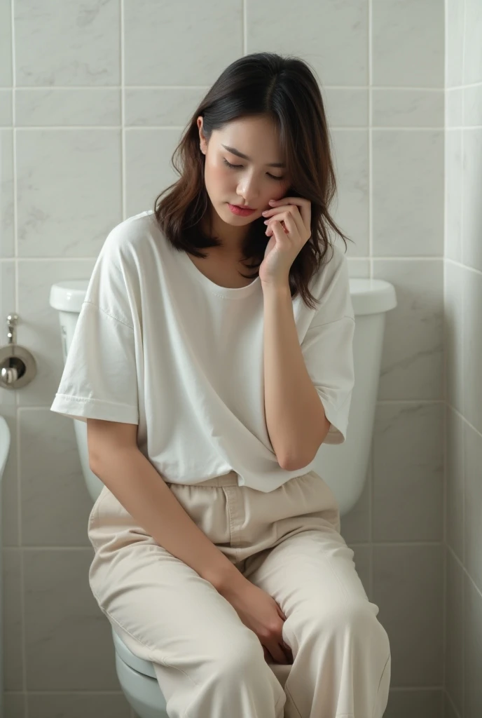 Pretty Korean woman sitting on toilet and having diarrhea - SeaArt AI