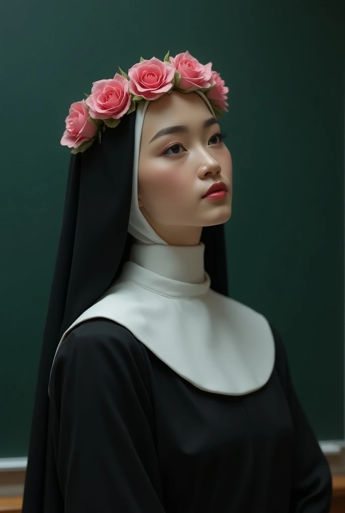 Nun wearing a rose crown with a blackboard. Q says Singapore method ...