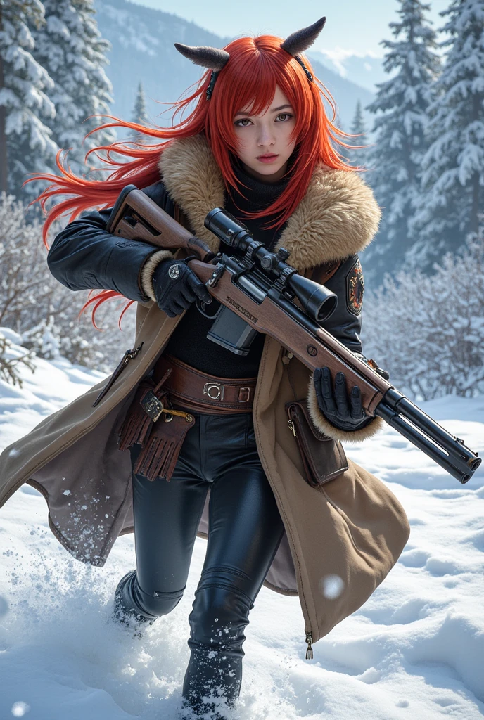 Huntress girl holding a rifle in a snowball fight pose, oriental - SeaArt AI