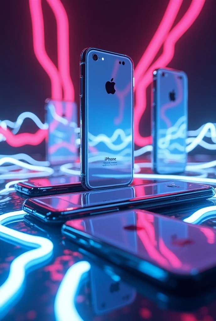 Digital glass iphones with colorful neon lines on background with white ...