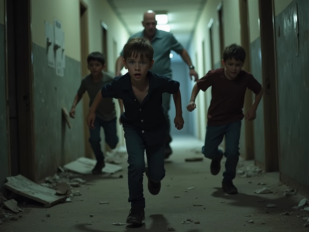 A dramatic, action-filled shot of the young boys, around , scrambling ...