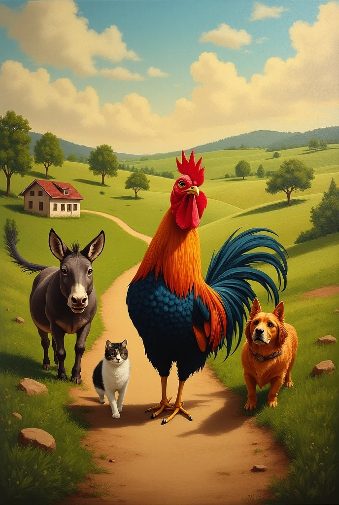 The rooster meets the donkey and the dog and the cat along the way ...
