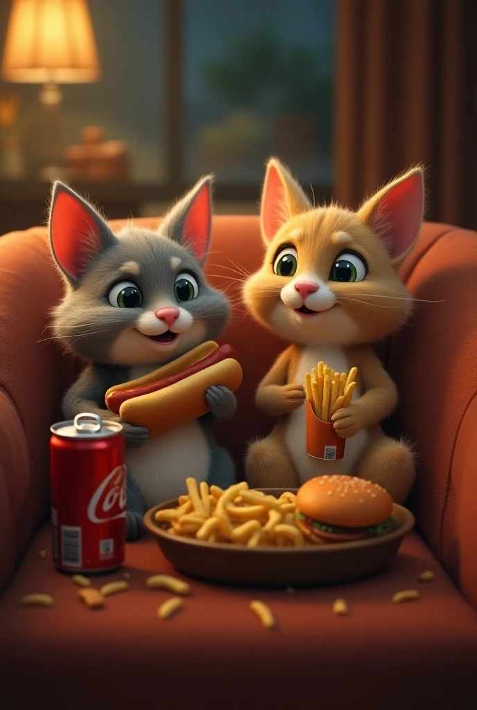 A whimsical scene featuring two cubby cats enjoying a cozy evening on a ...