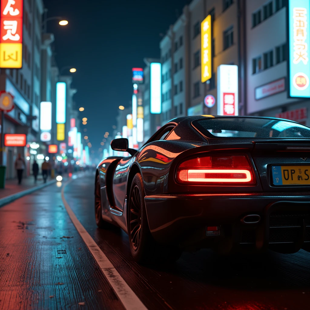 A car is driving on the street at night in the neon streets of Moscow ...
