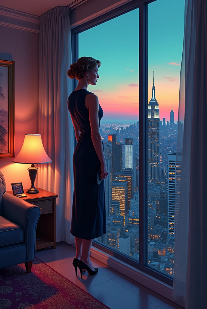 40s woman standing by the window of a high-rise apartment at dusk ...