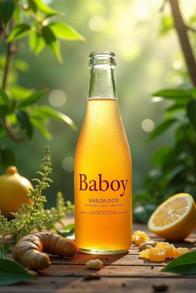 A vibrant, nature-inspired scene showcasing a bottle of 'Baboy - SeaArt AI