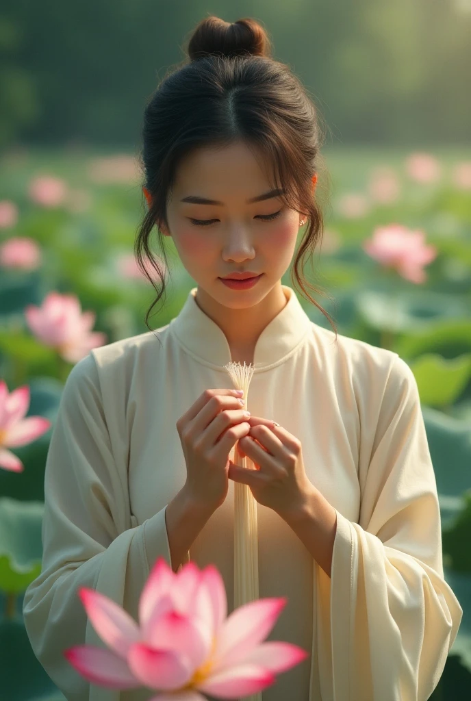 a woman from Vietnam is very focused on making lotus fiber silk - SeaArt AI