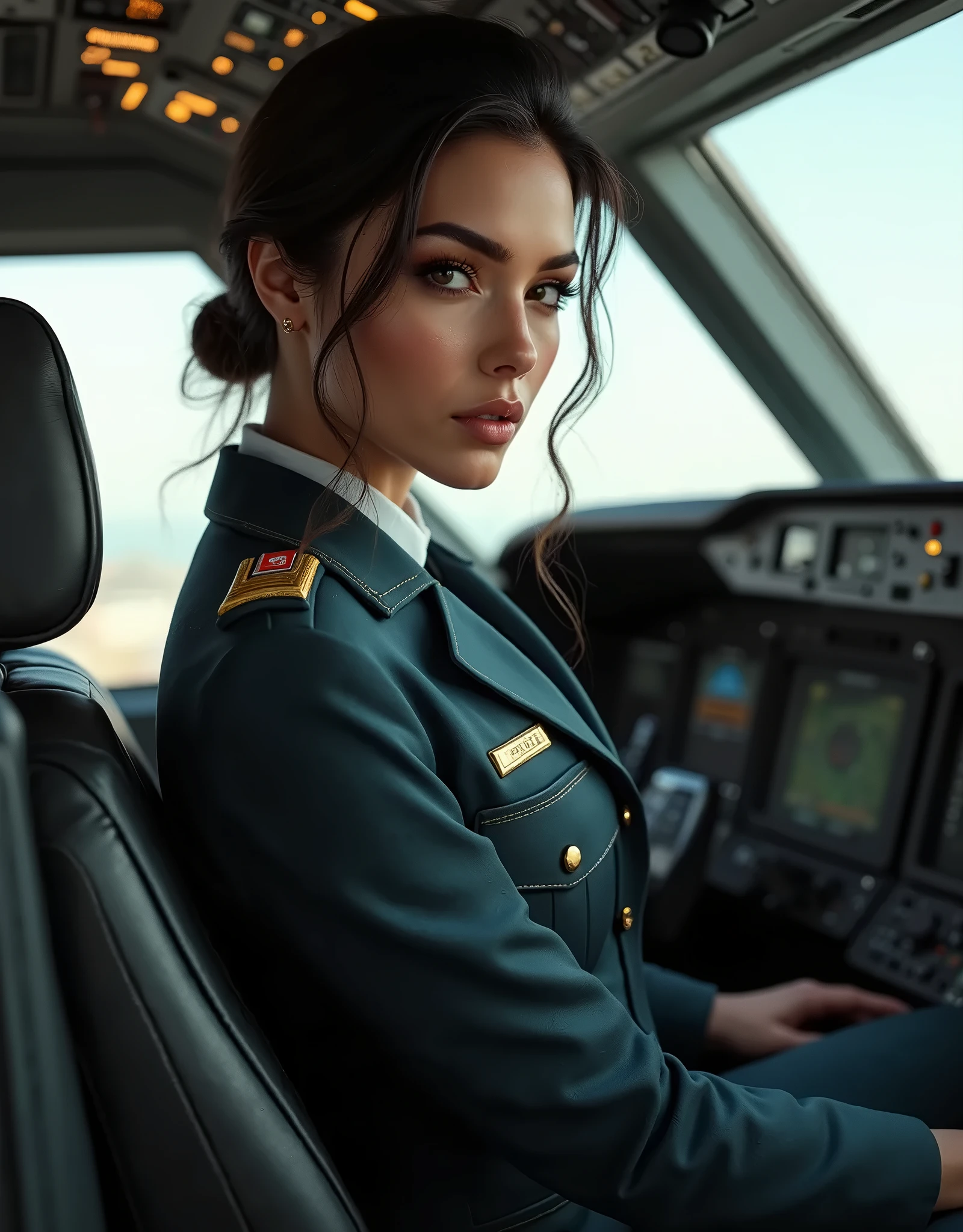 Arafed female pilot in uniform sitting in the cockpit of a plane ...