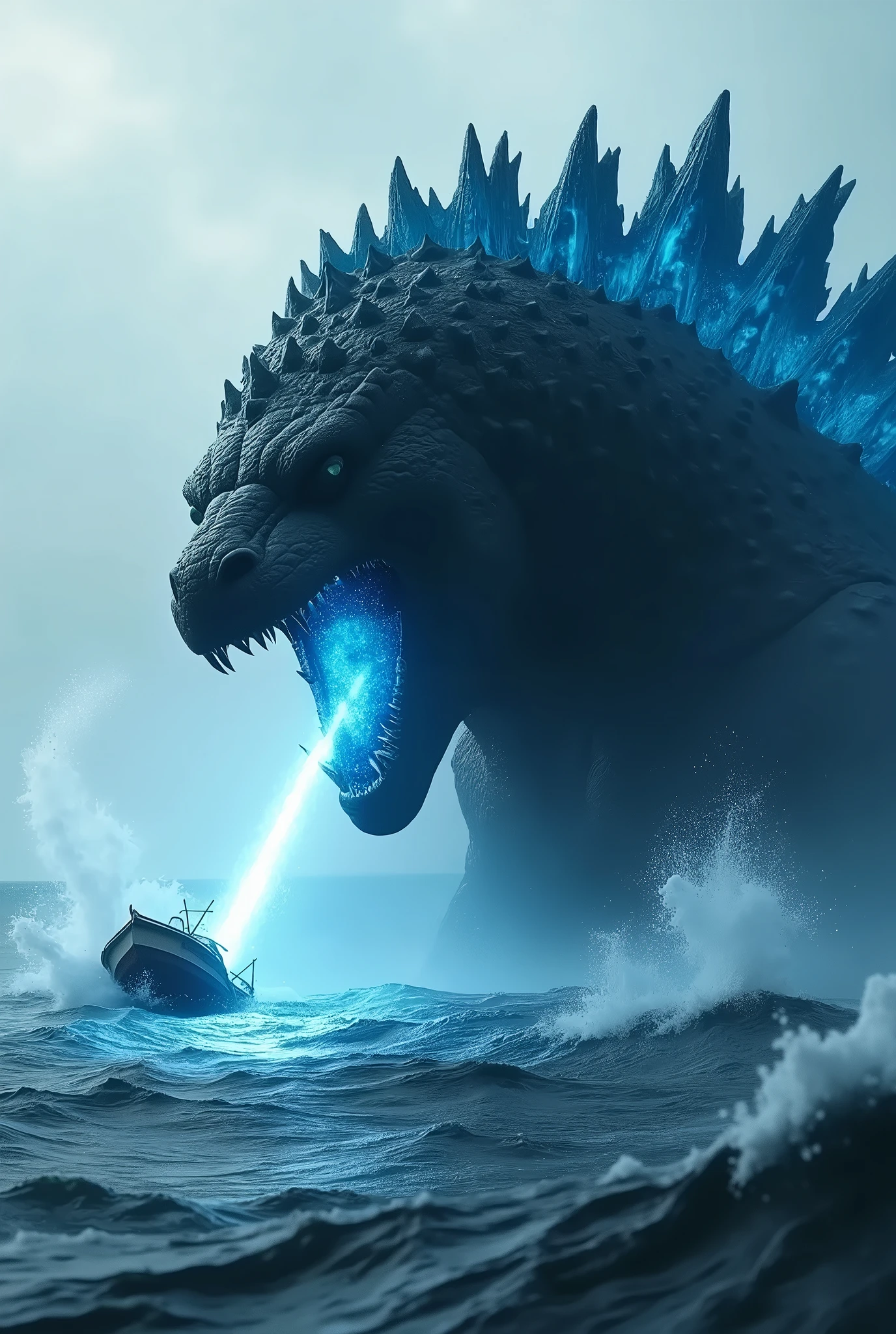 Godzilla rising out of the ocean with a boat in the background - SeaArt AI